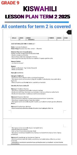 Grade 9 kiswahili lesson plan term 2 2025