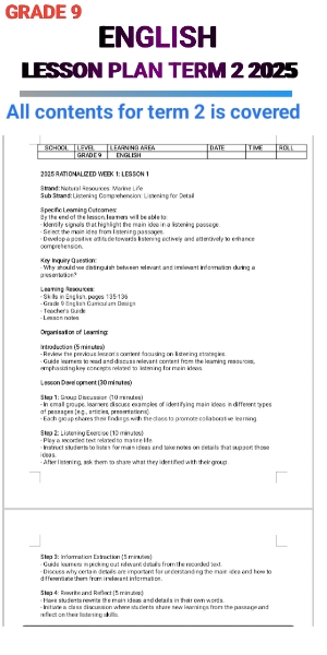 Grade 9 English lesson plan term 2 2025