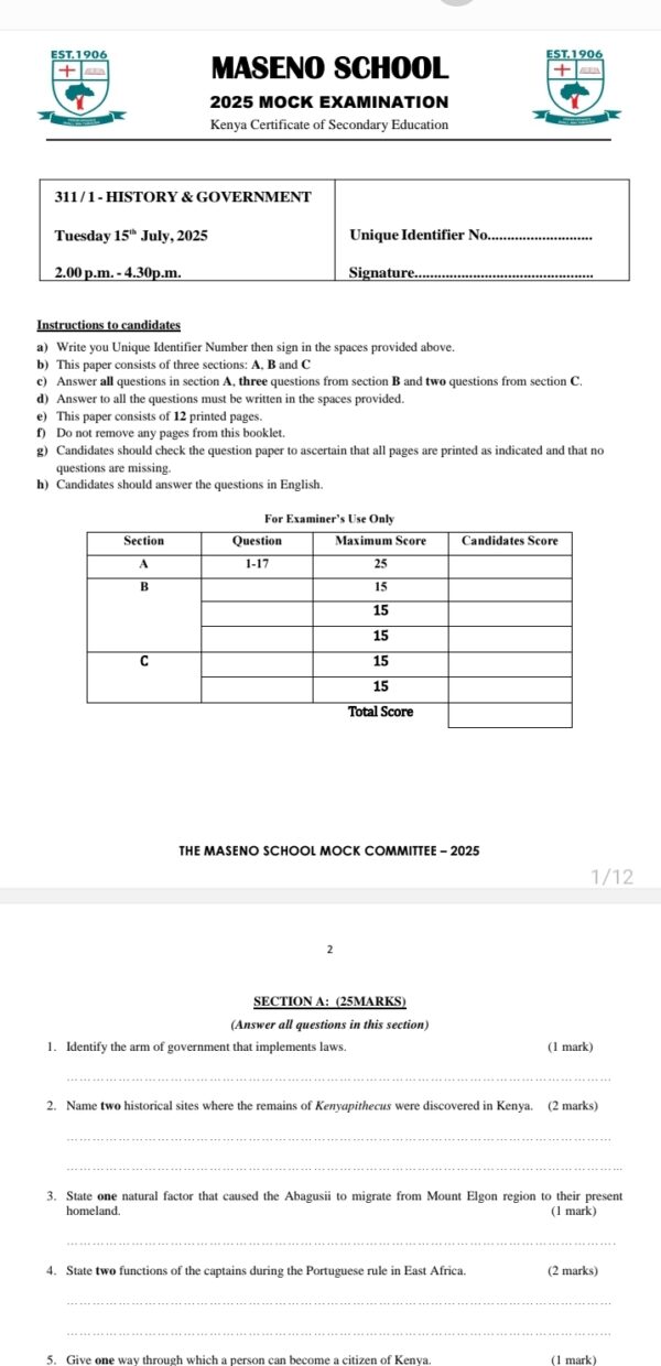 Maseno 2025 mock exams