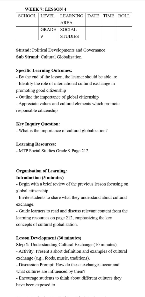Grade 9 Rationalized Social Studies Lesson Plans Term 3