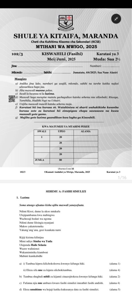 MARANDA HIGH SCHOOL MOCK EXAMS 2025