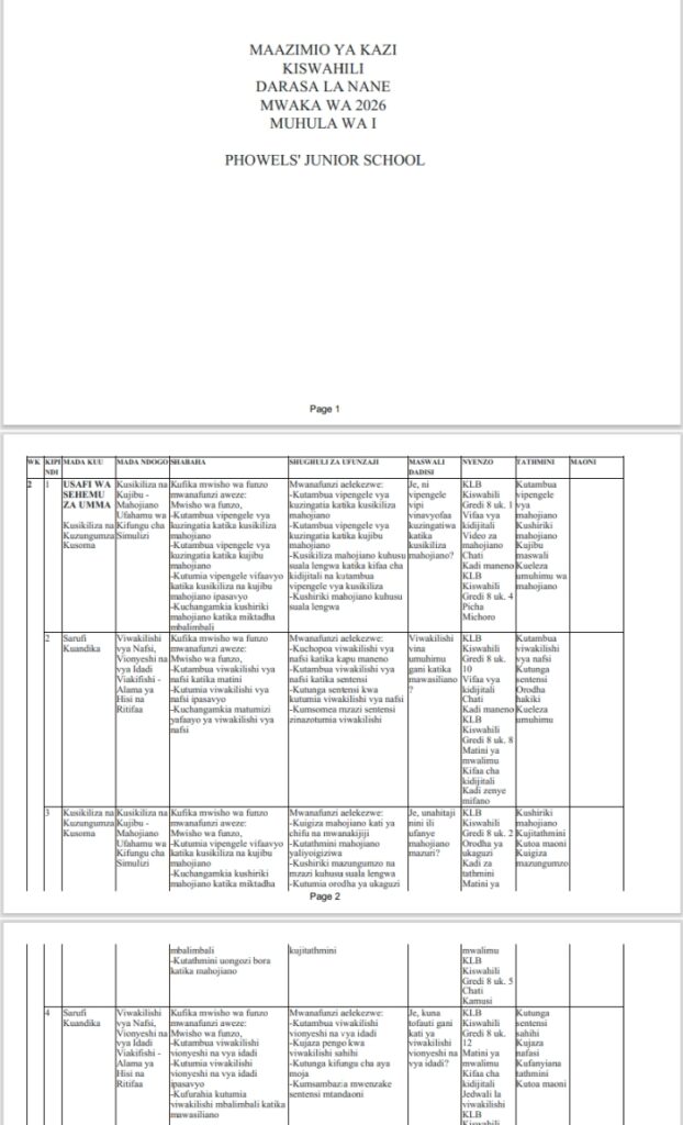 Term 1 2026 kiswahili grade 8 schemes of work