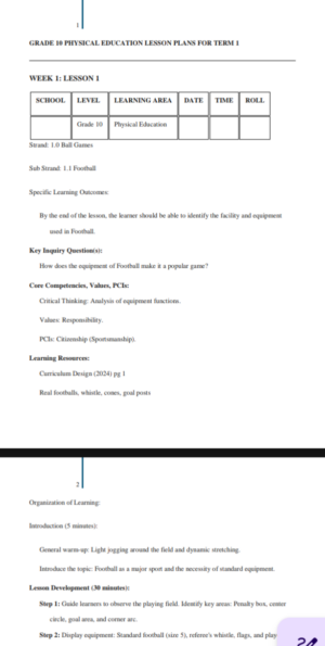 Physical education grade 10 lesson plan term 1