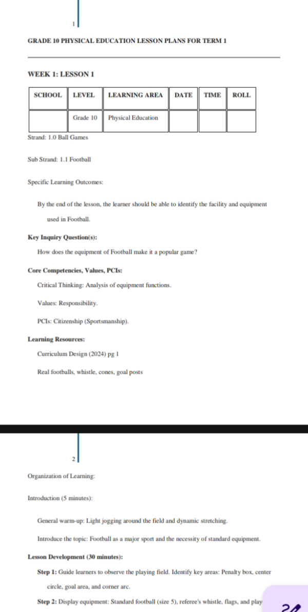 Physical education grade 10 lesson plan term 1