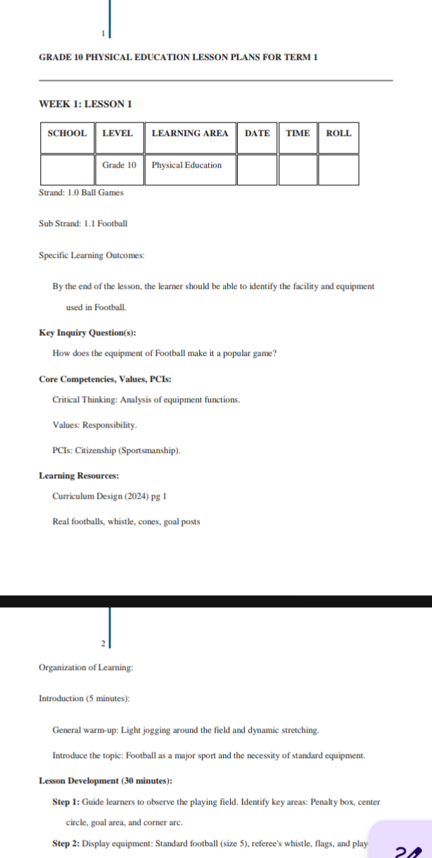 Physical education grade 10 lesson plan term 1
