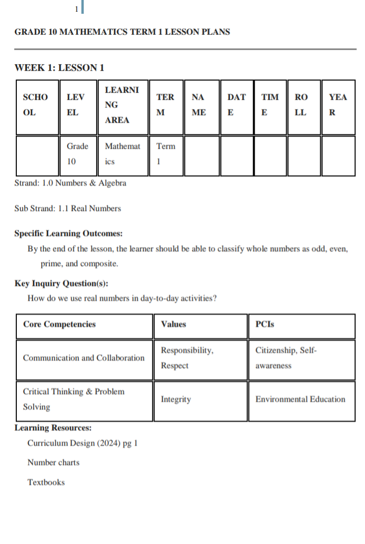 Mathematics Grade 10 lesson plan term 1
