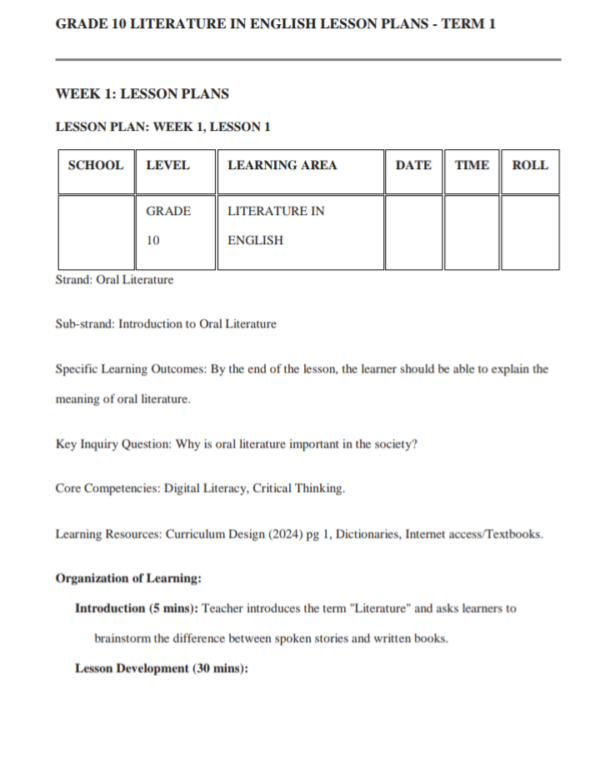 English literature Grade 10 lesson plan term 1
