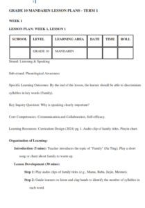 Mandarin Grade 10 lesson plan term 1