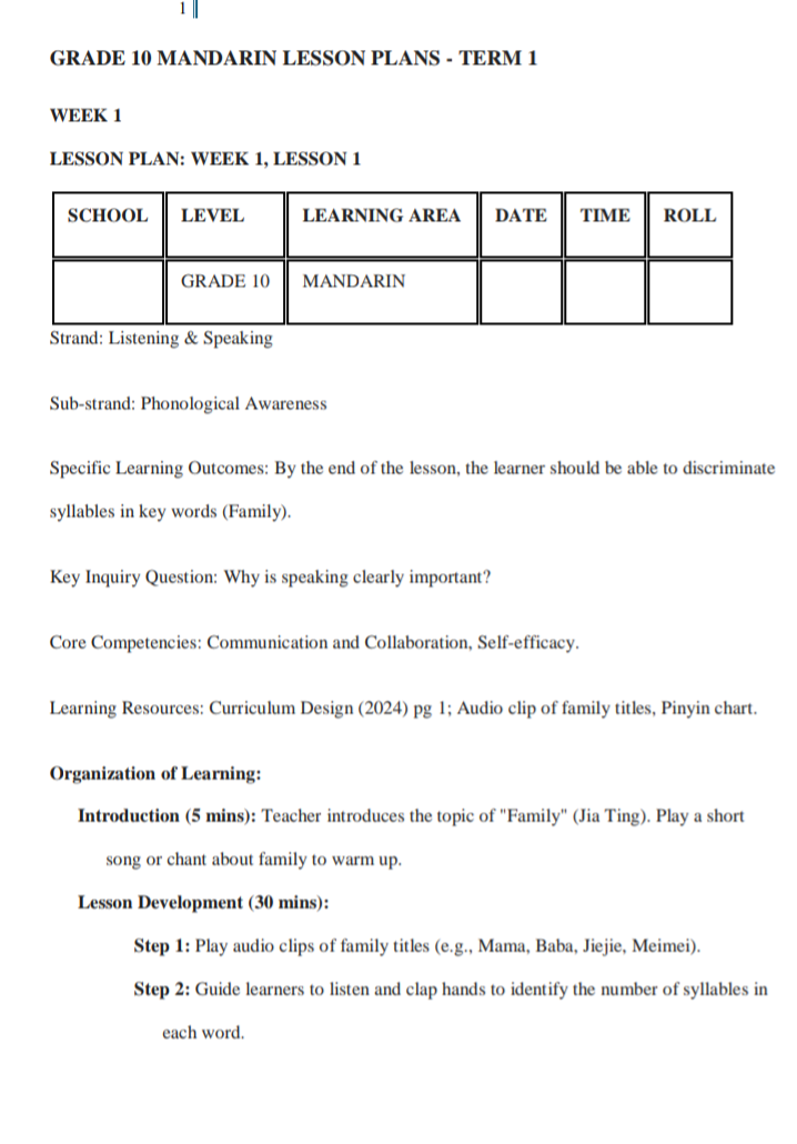 Mandarin Grade 10 lesson plan term 1
