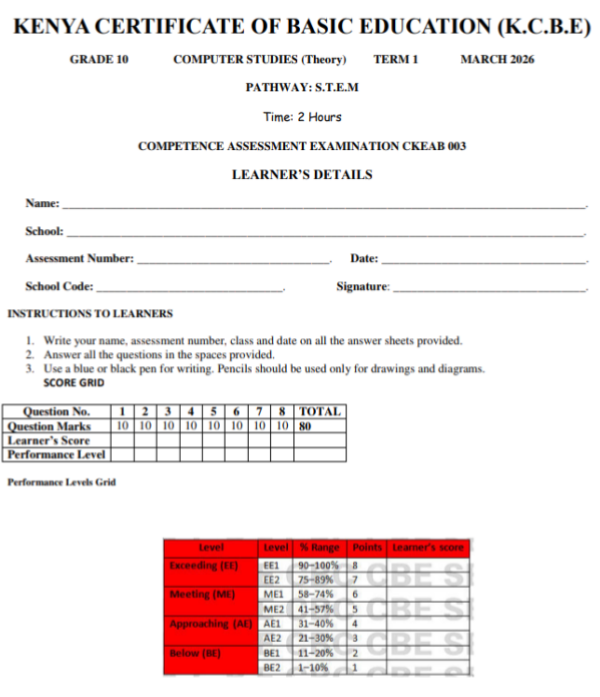 Grade 10 Computer Studies End Term 1 Exam 2026