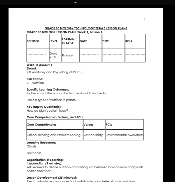GRADE 10 TERM 2 BIOLOGY LESSON PLANS