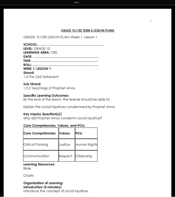 GRADE 10 TERM 2 CRE LESSON PLANS