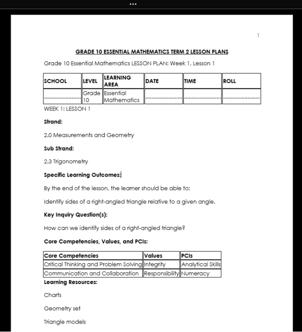 GRADE 10 TERM 2 ESSENTIAL MATHEMATICS LESSON PLANS