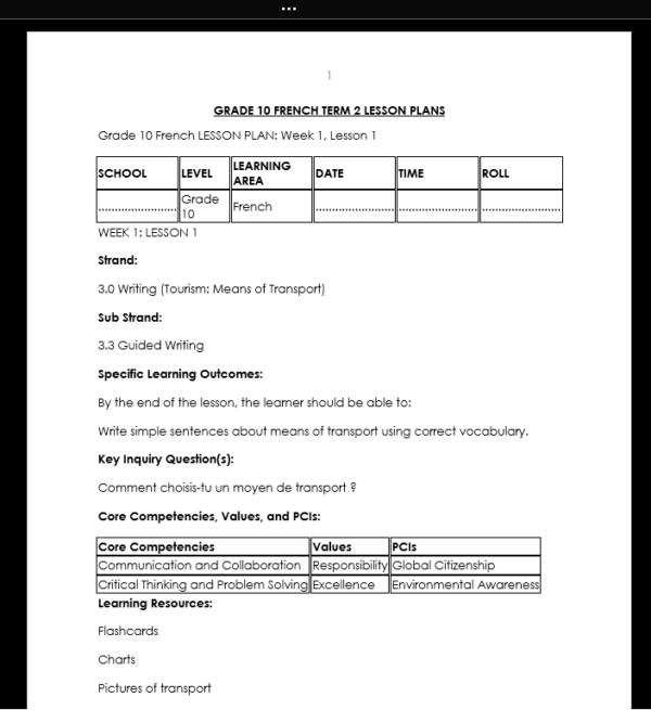 GRADE 10 TERM 2 FRENCH LESSON PLANS