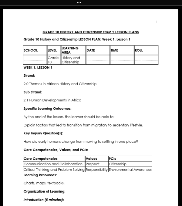 GRADE 10 TERM 2 HISTORY & CITIZENSHIP LESSON PLANS
